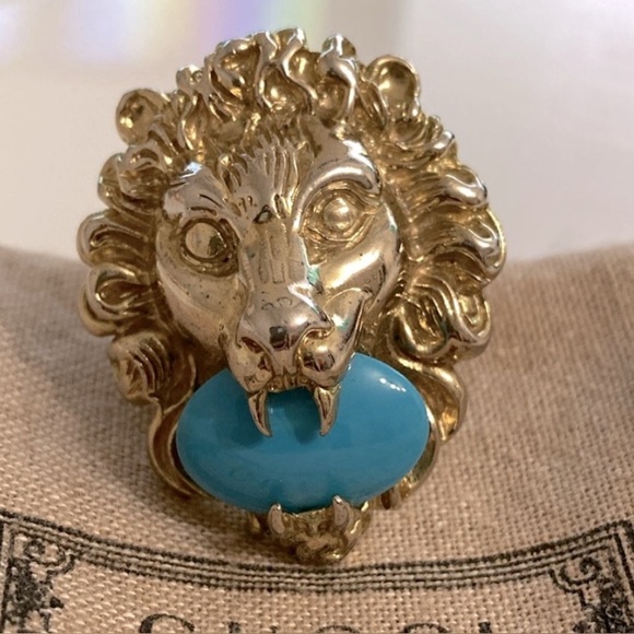 Gucci | Jewelry | Authentic Gucci Gold Lion Head Ring With Blue Accent ...